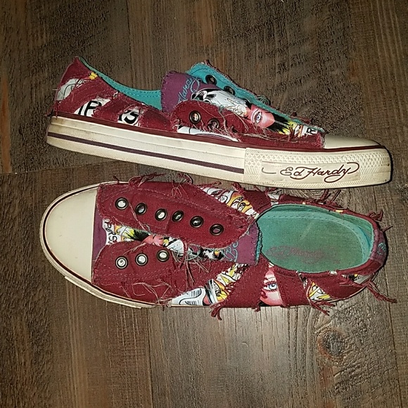 Ed Hardy | Shoes | Ed Hardy Converse Style Burgandy Shoe Sz 7 | Poshmark